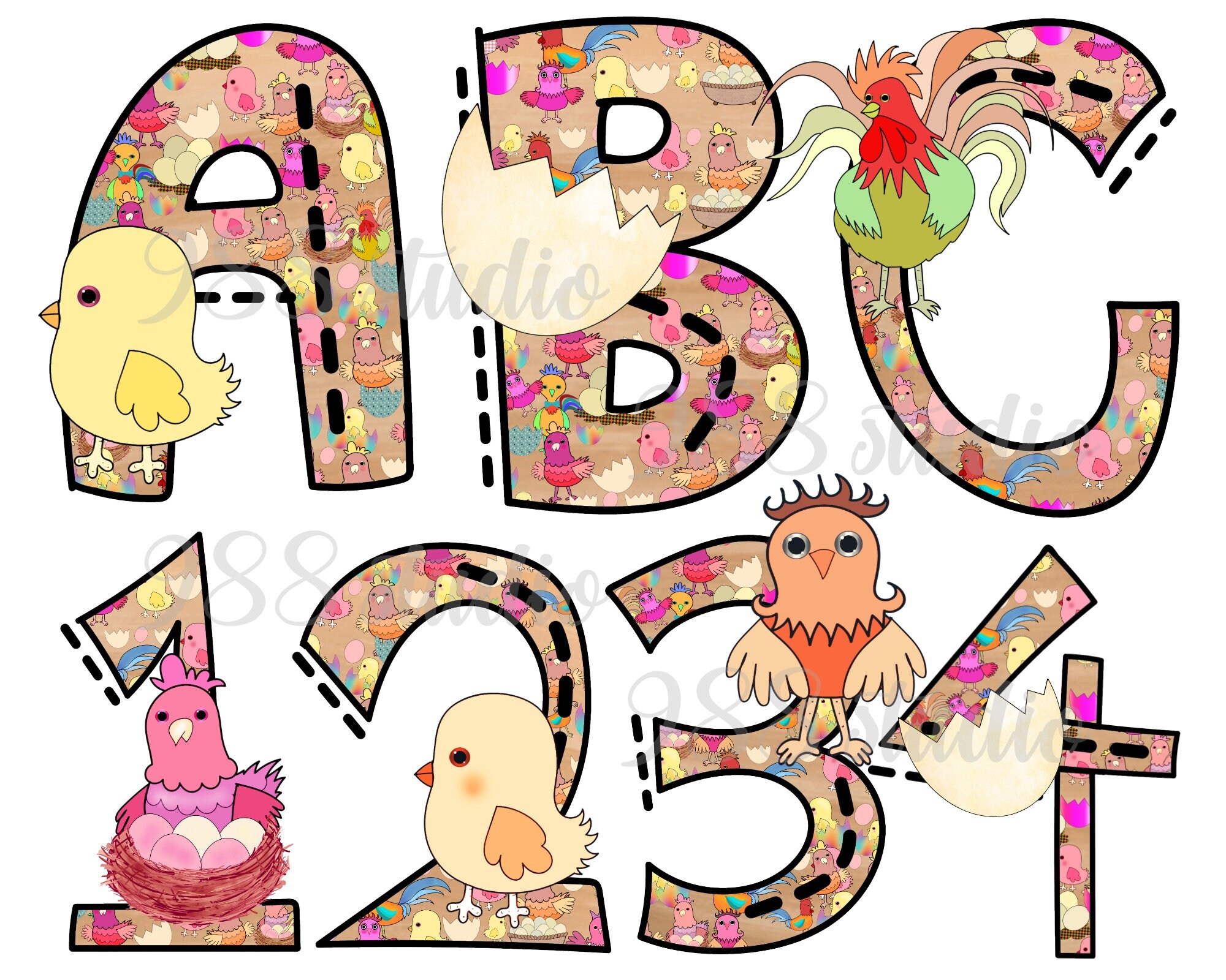 Chicken Font Clip Art, Hen Alphabet Png, Abc Print, Farm Animal Clip ...