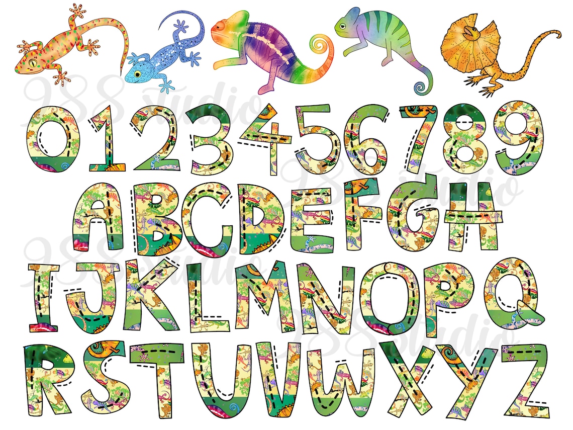 Chameleon Font Png, Gecko Clip Art, Lizard Alphabet, Colorful Fonts ...