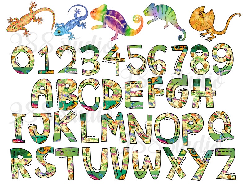 Chameleon Font Png, Gecko Clip Art, Lizard Alphabet, Colorful Fonts ...