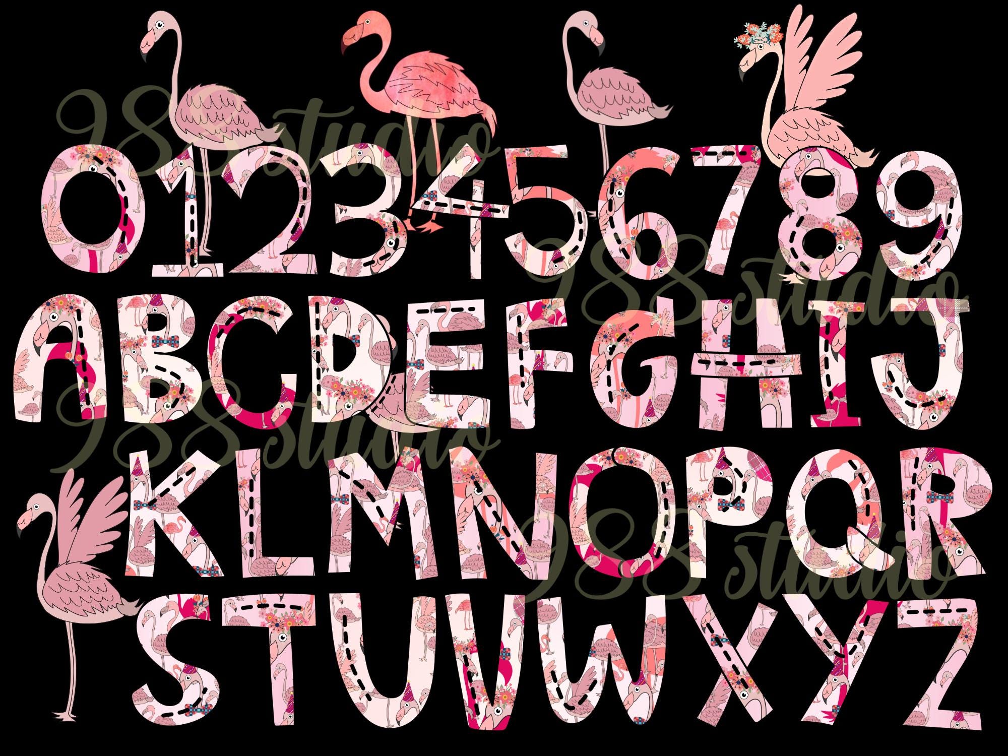 Flamingo Fonts, Doodle Alphabet Png, Pink Bird Letter Pdf, Cute Font ...