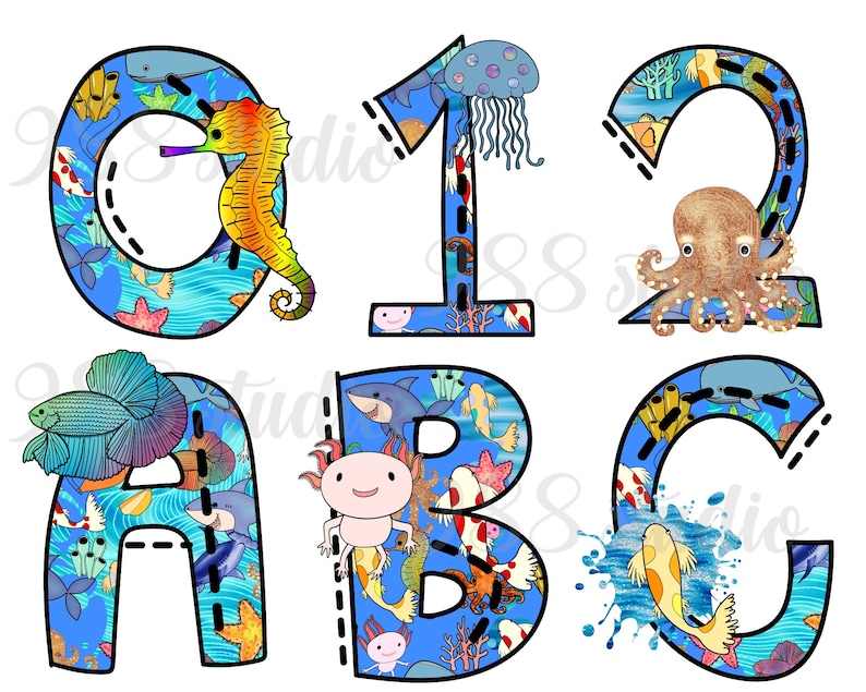 Water Animal Alphabet Png, Pdf, Sea Animal Font, Fish Letters Png ...