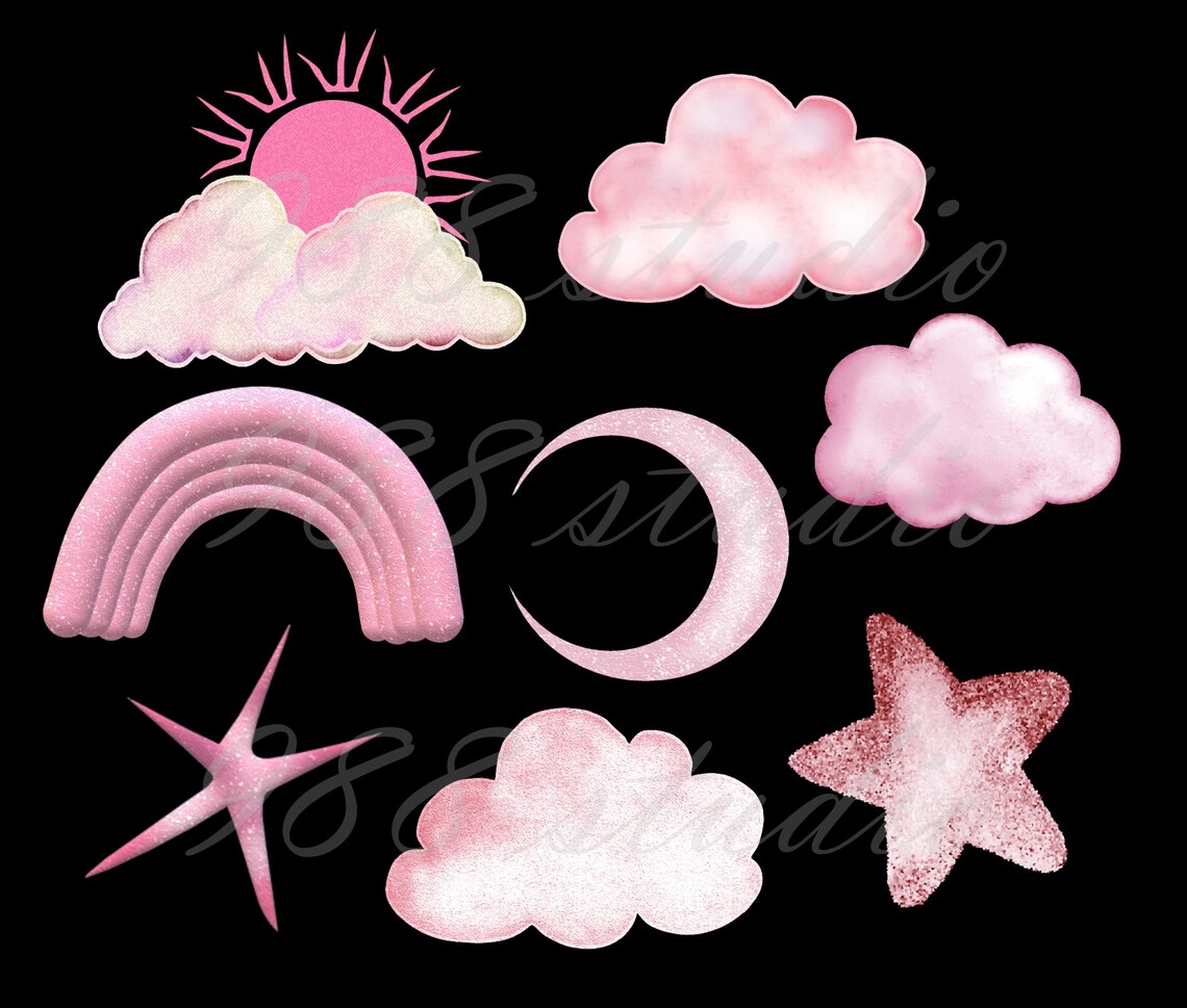 Pink Cloud Png Clouds Clip Art Star Sun Moon Digital Cute - Etsy