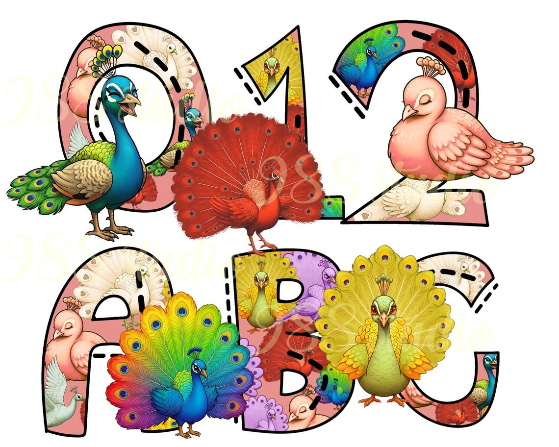 Peacock Fonts, Ornament Font, Number Clip Art, Peacock Bird Sublimation ...