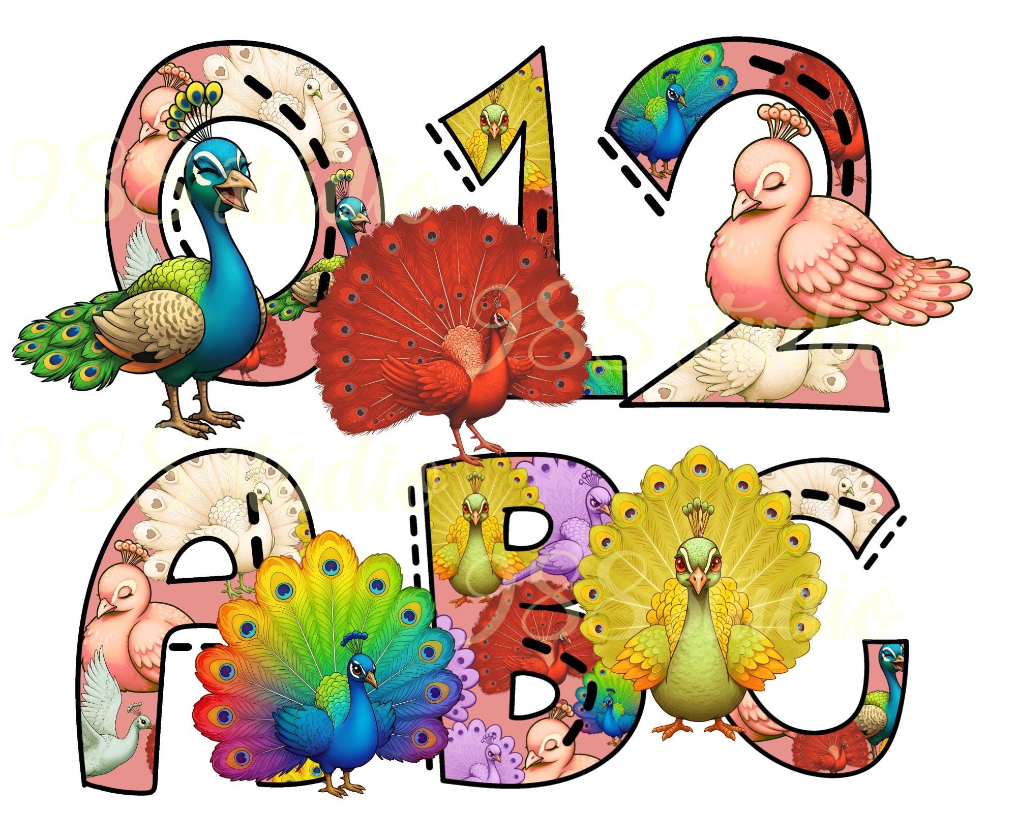 Peacock Fonts, Ornament Font, Number Clip Art, Peacock Bird Sublimation ...