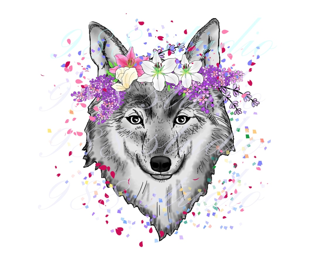 Wolf With Flowers Png wolf Sublimation Designs wild Animal Sublimation ...