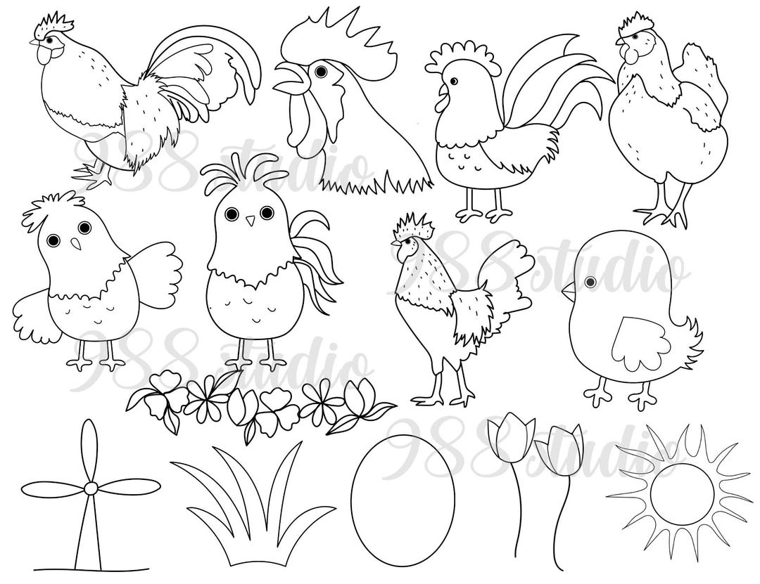 Chicken Line Drawings, Rooster Svg, Doodle Farm Animal Png, Chicken ...