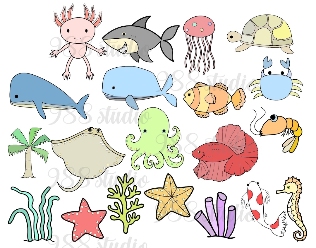 Water Animal Clip Art, Ocean Animal PDF, PNG, Doodle Sea Animal ...