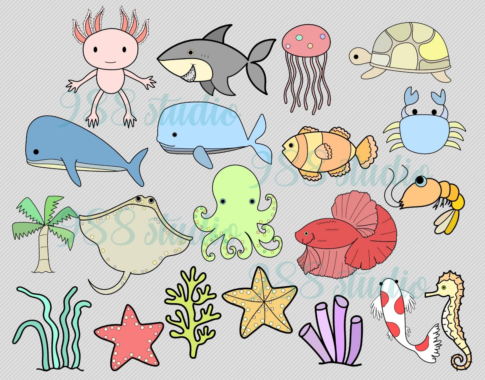 Water Animal Clip Art, Ocean Animal PDF, PNG, Doodle Sea Animal ...