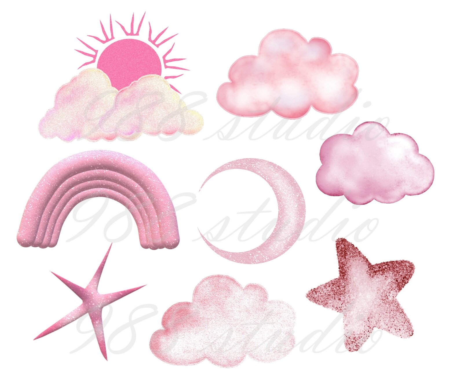 Pink Cloud Png- Clouds Clip Art - Star Sun Moon Digital- Cute Cloud ...