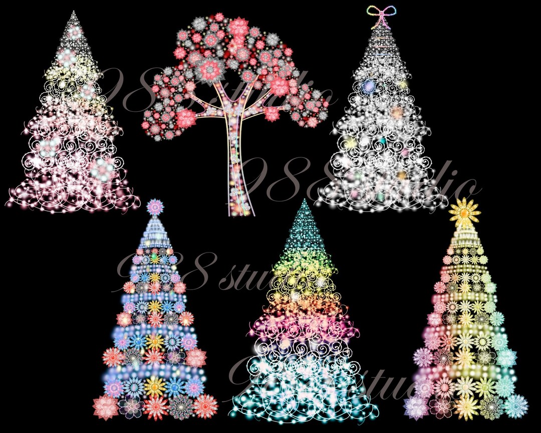 Rainbow Christmas Png- Glitter Tree - Flower Tree Clip Art- Floral Art ...