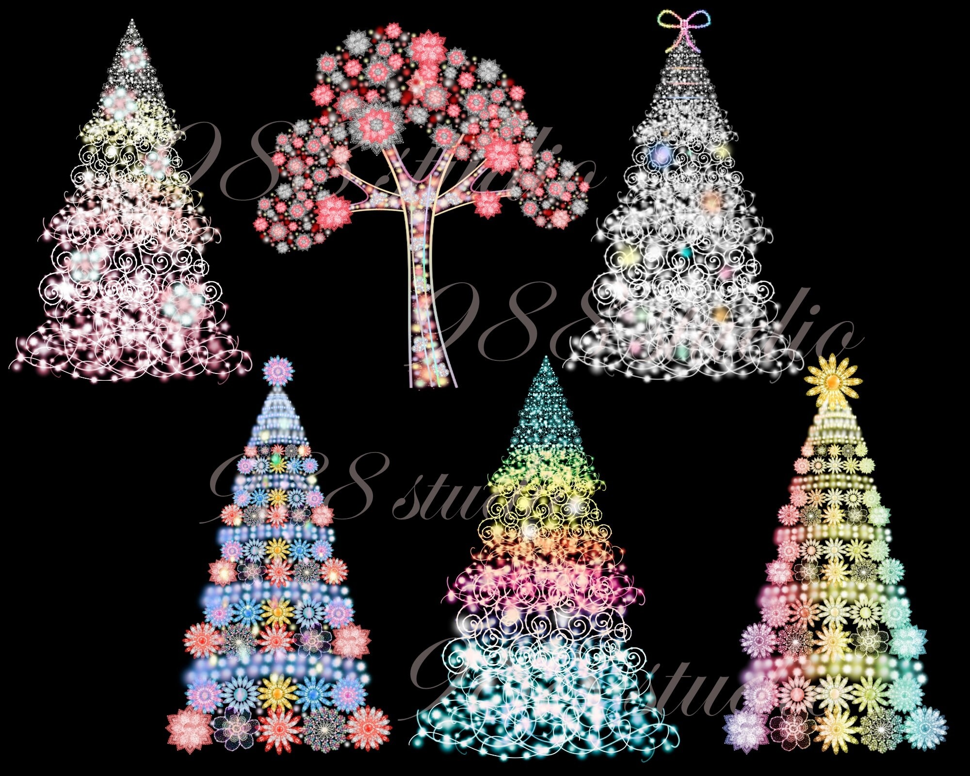 Rainbow Christmas Png Glitter Tree Flower Tree Clip Art - Etsy