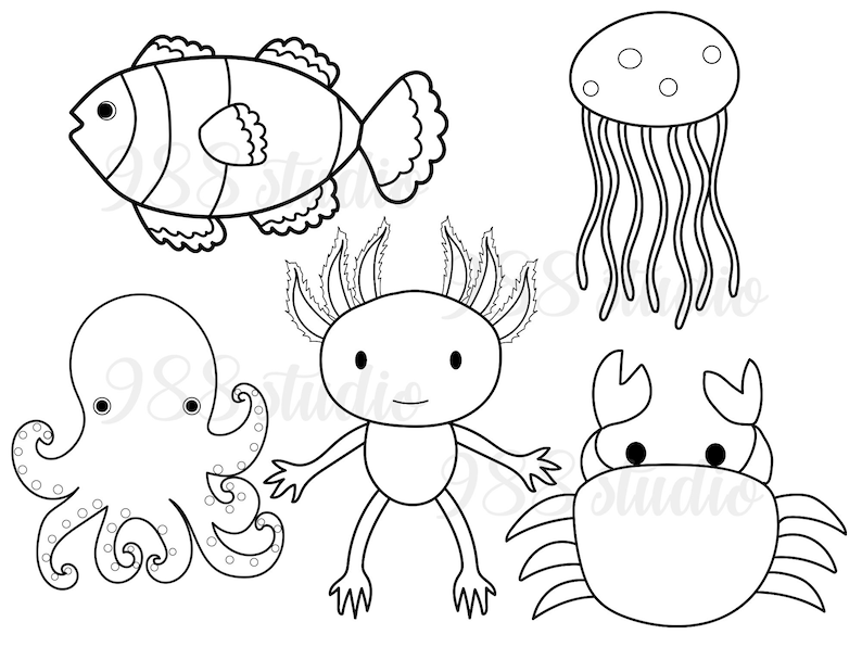 Underwater Clip Art, Ocean Animal Svg, Doodle Sea Animal Png, Water ...