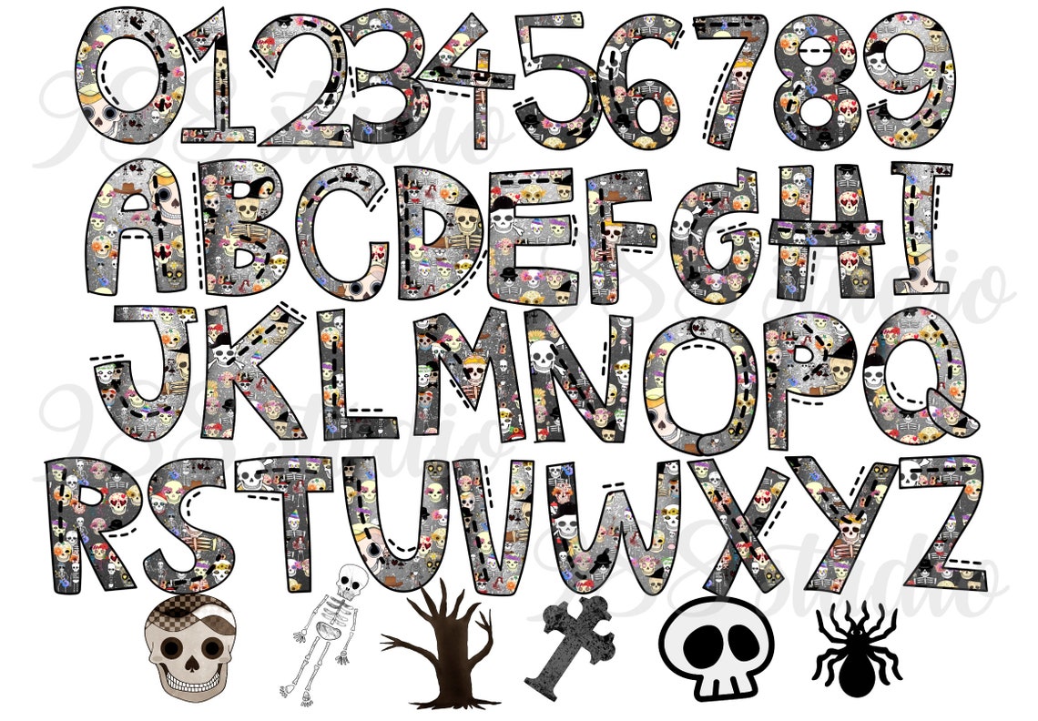 Skulll Alphabet Clip Art Halloween Font Png Skeleton Letters - Etsy