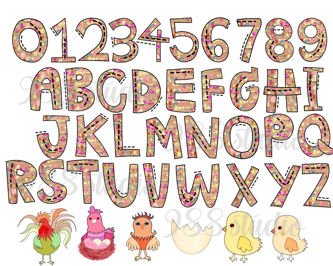 Chicken Font Clip Art, Hen Alphabet Png, Abc Print, Farm Animal Clip ...