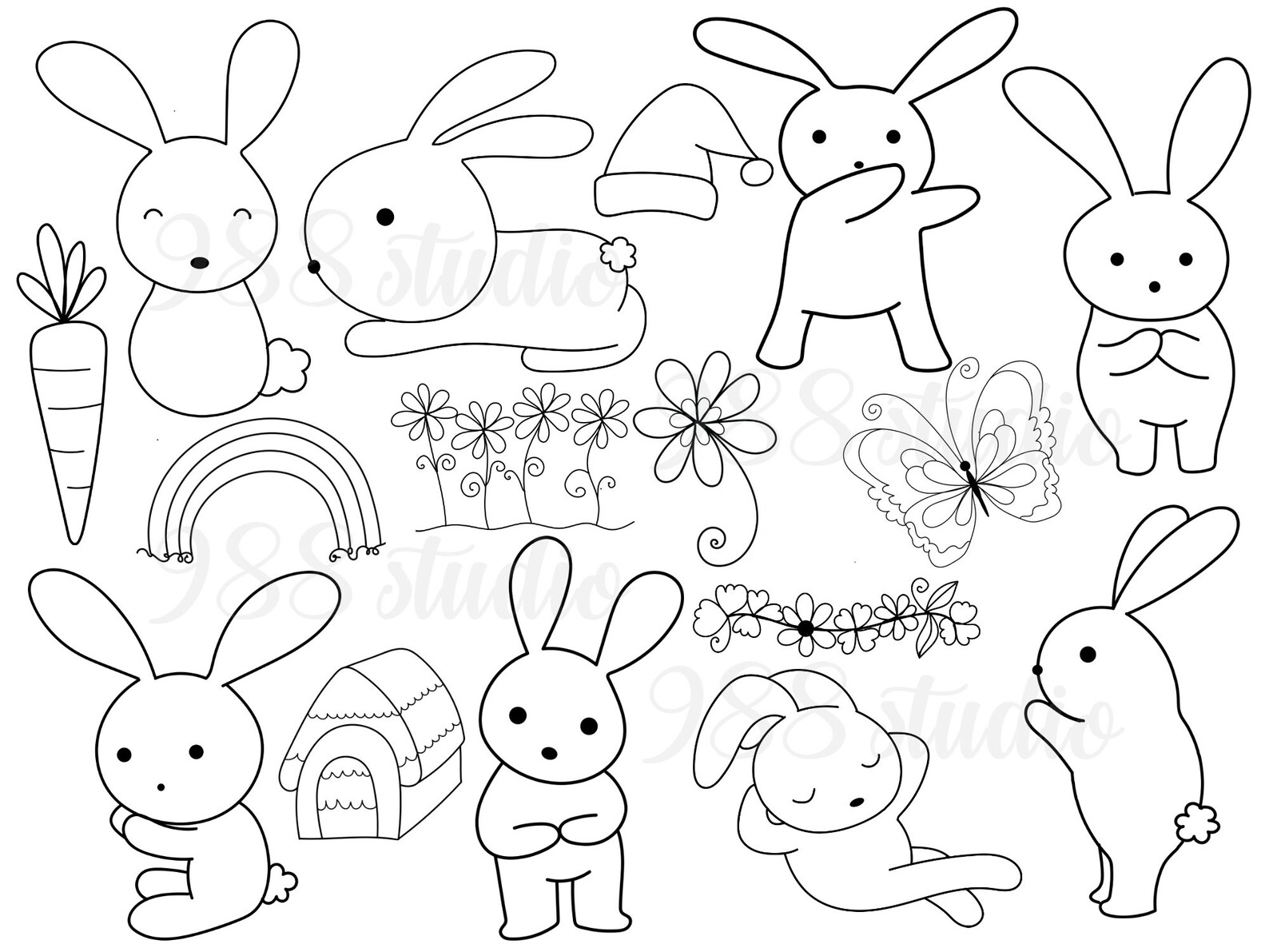 Rabbit SVG, Doodle Rabbit Png, Animal Clip Art, Rabbit Line Drawing ...