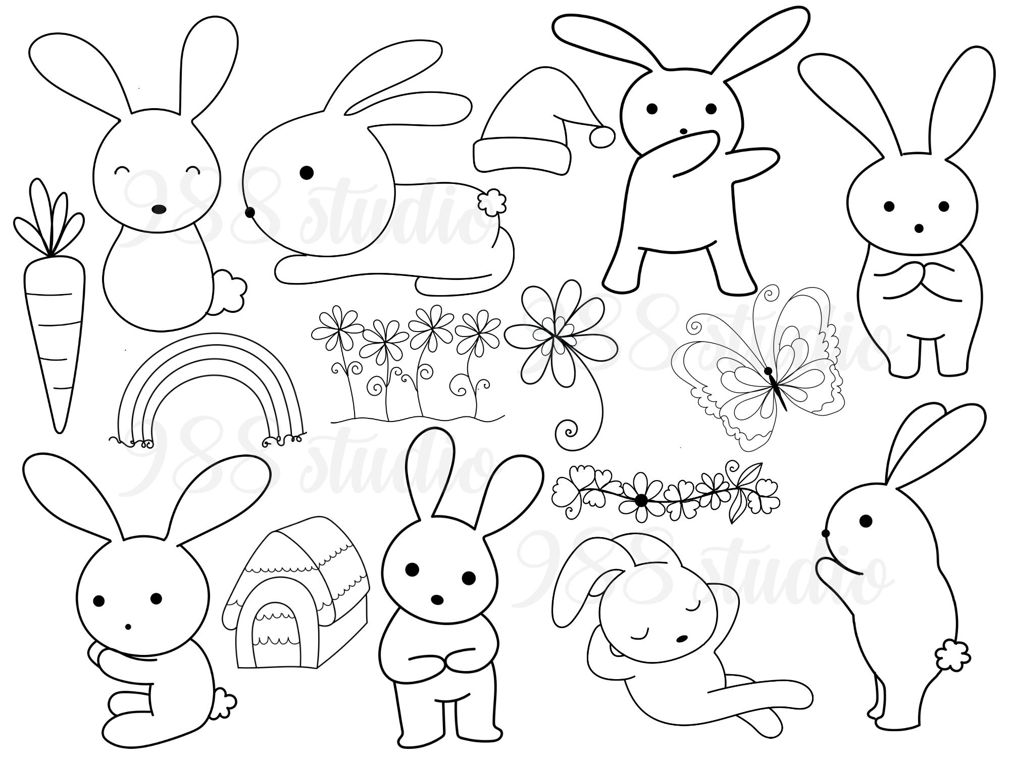 Rabbit SVG, Doodle Rabbit Png, Animal Clip Art, Rabbit Line Drawing ...