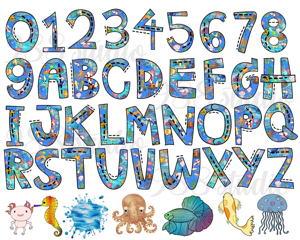 Water Animal Alphabet Png, Pdf, Sea Animal Font, Fish Letters Png ...