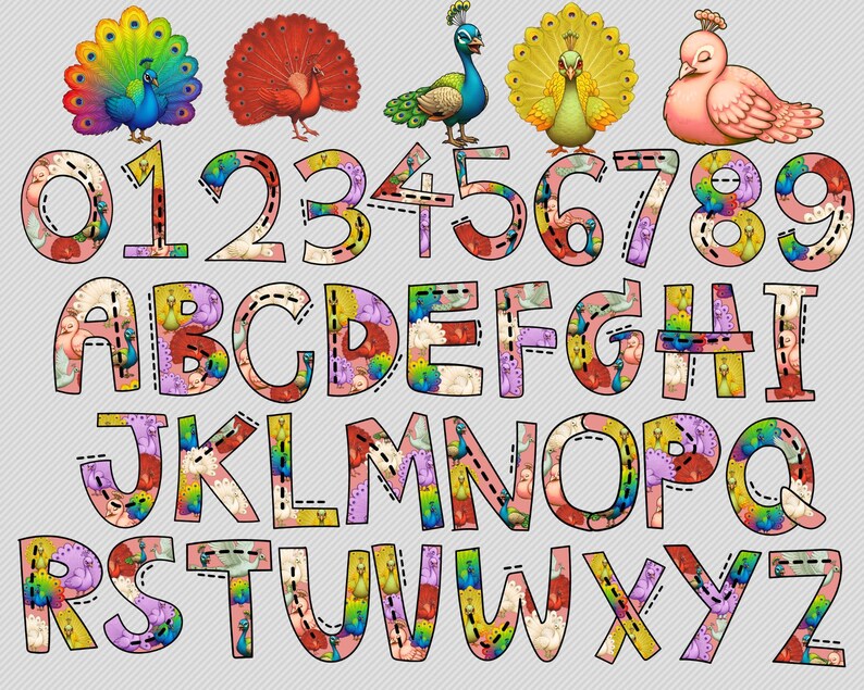 Peacock Fonts, Ornament Font, Number Clip Art, Peacock Bird Sublimation ...