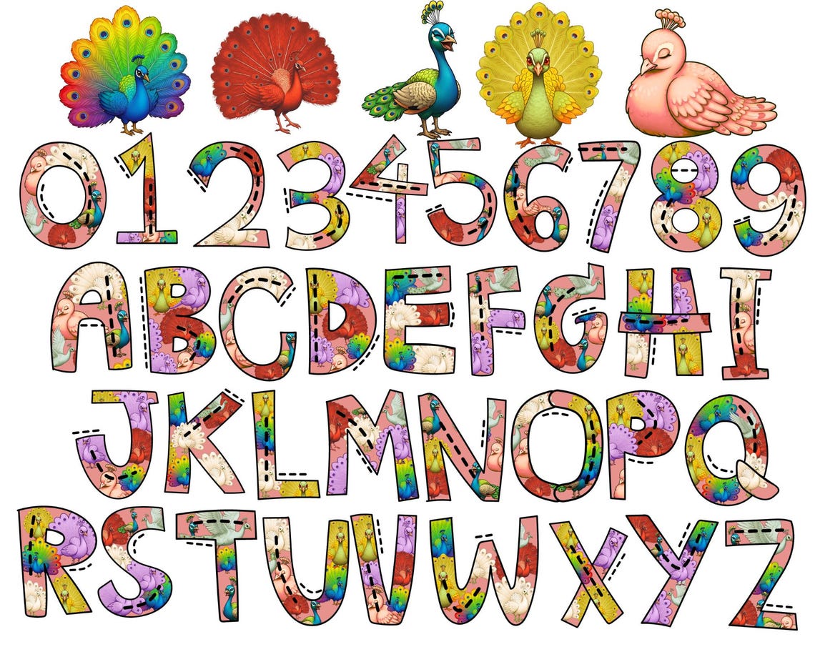 Peacock Fonts, Ornament Font, Number Clip Art, Peacock Bird Sublimation ...