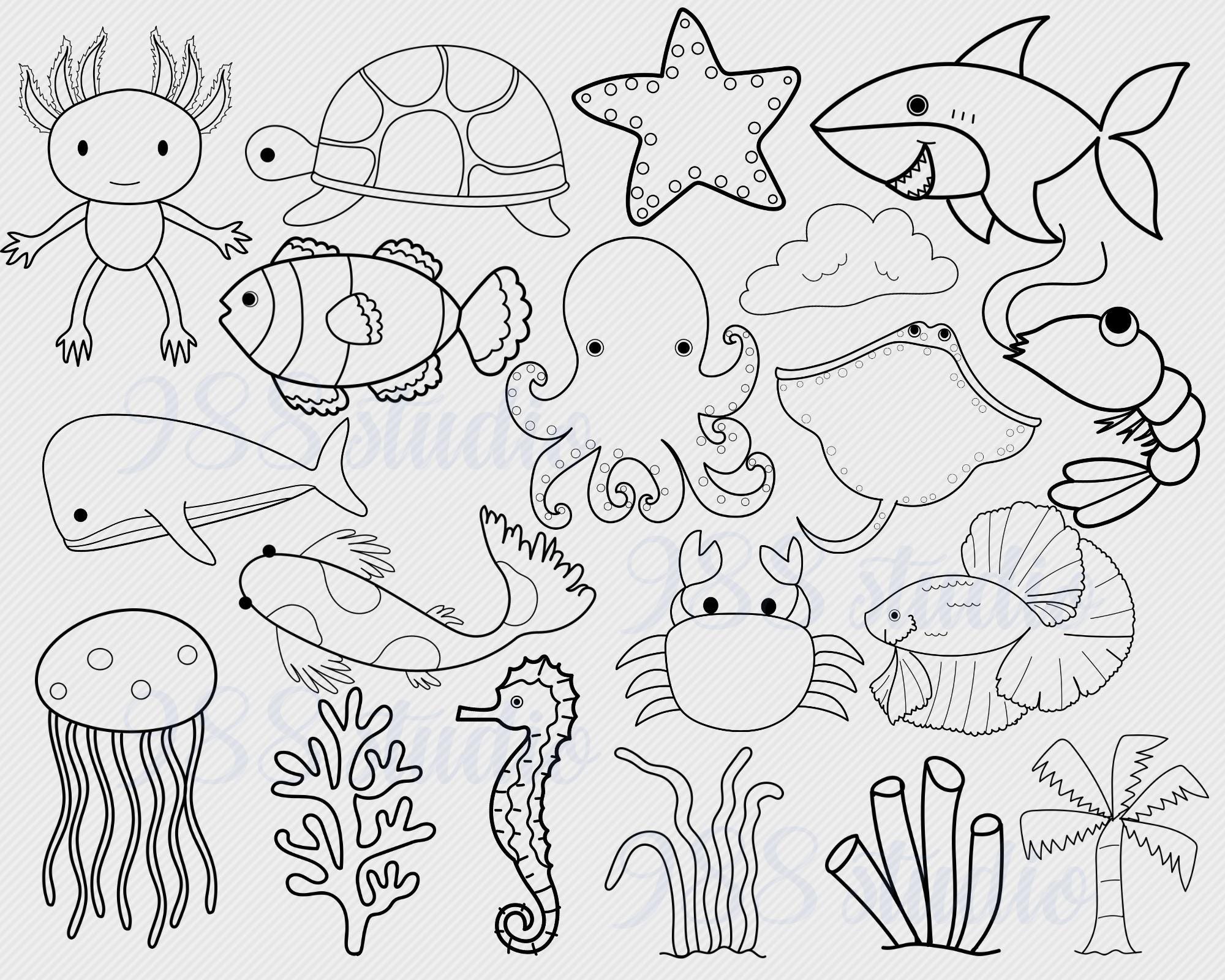 Underwater Clip Art, Ocean Animal Svg, Doodle Sea Animal Png, Water ...