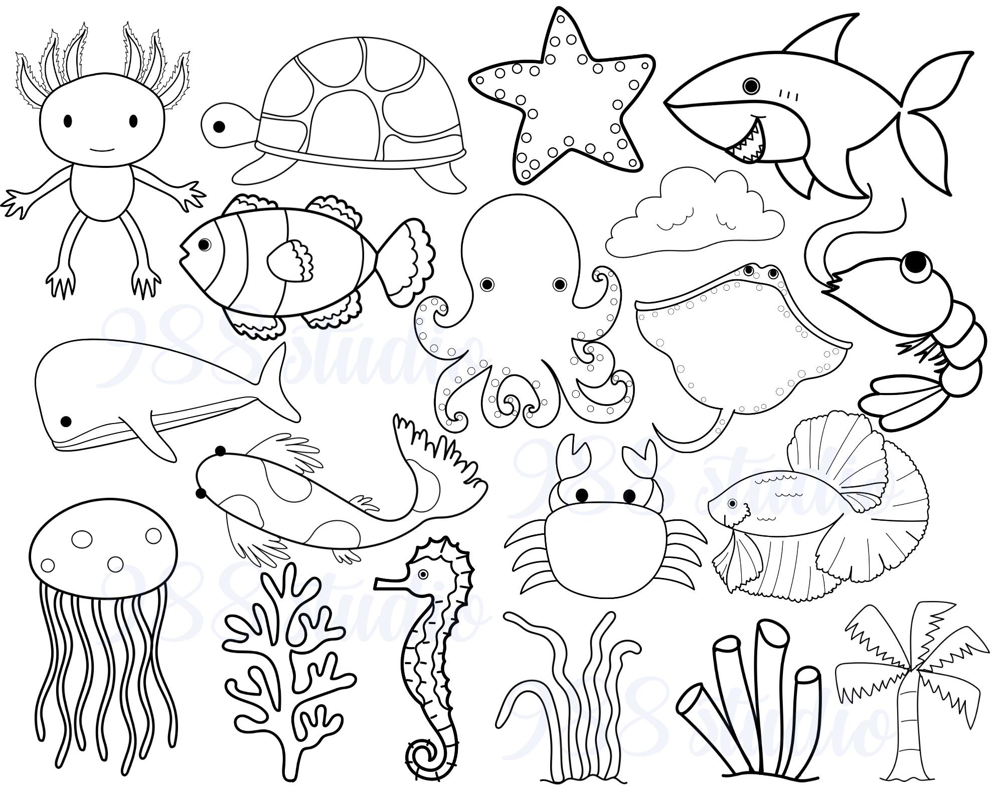 Underwater Clip Art, Ocean Animal Svg, Doodle Sea Animal Png, Water ...