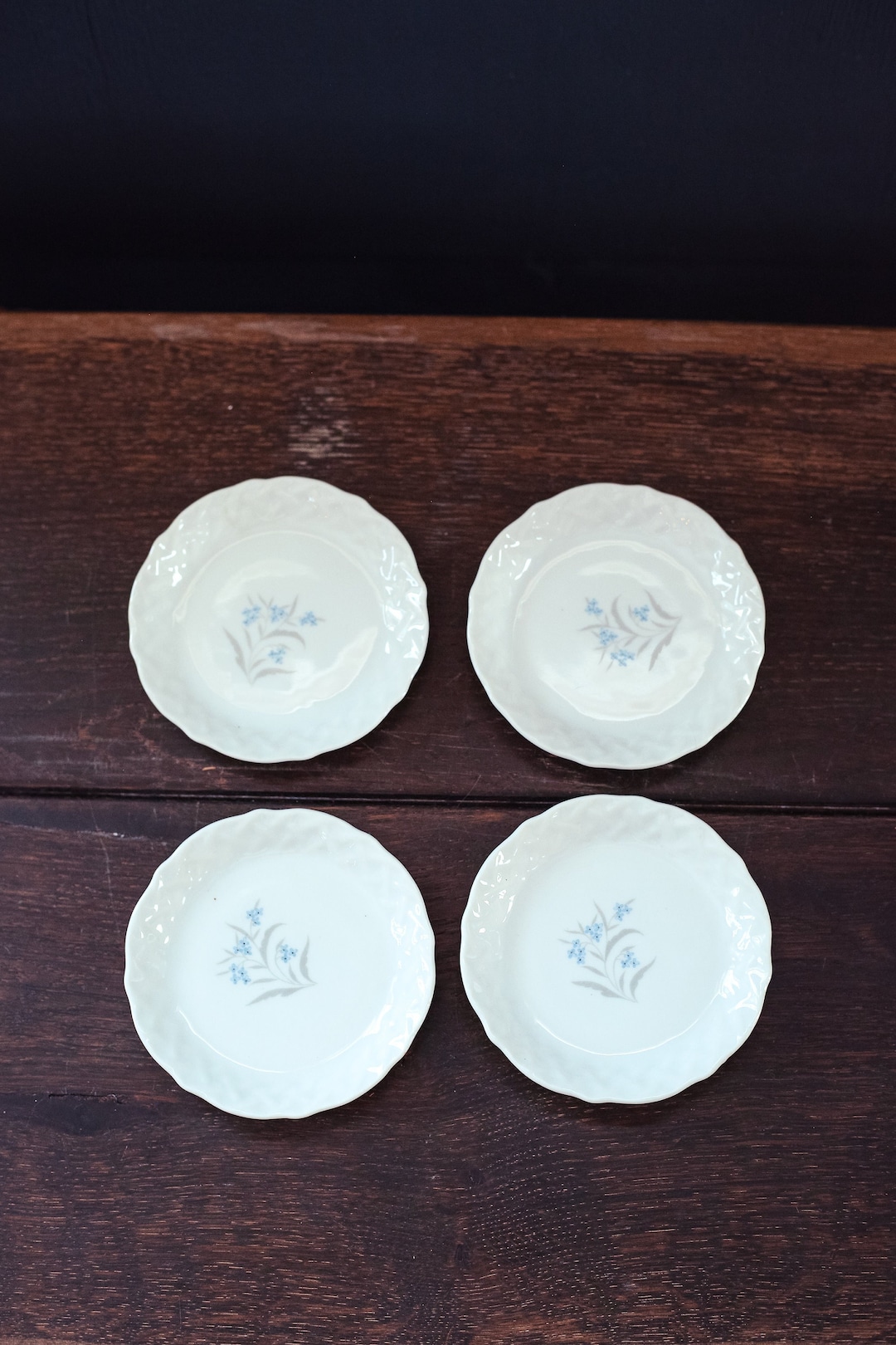 Small Porcelain Plates With Blue & Silver Flowers - Set of 4 Vintage ...