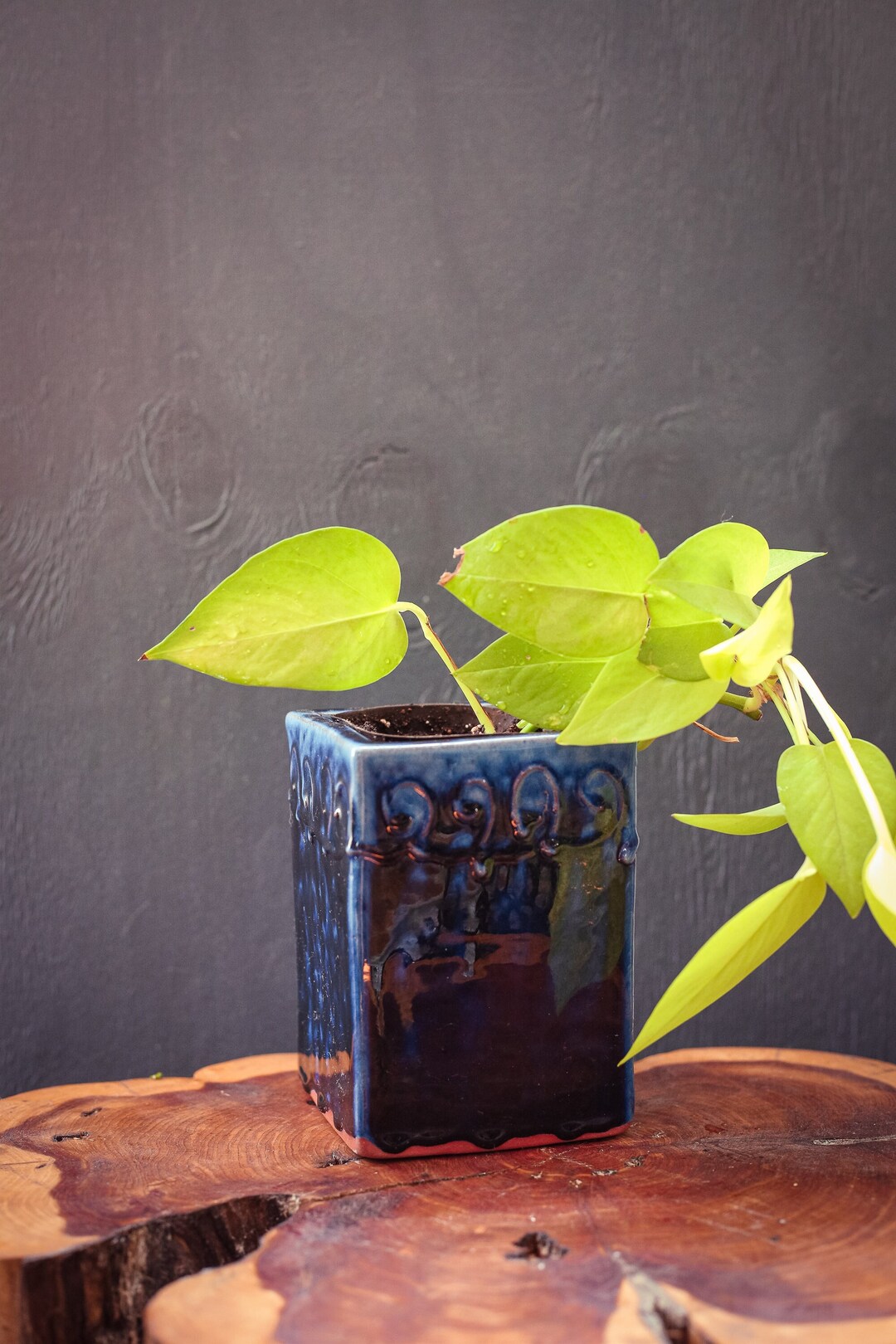 Deep Blue Glazed Square Planter Pot With Embossed Waves - Vintage ...