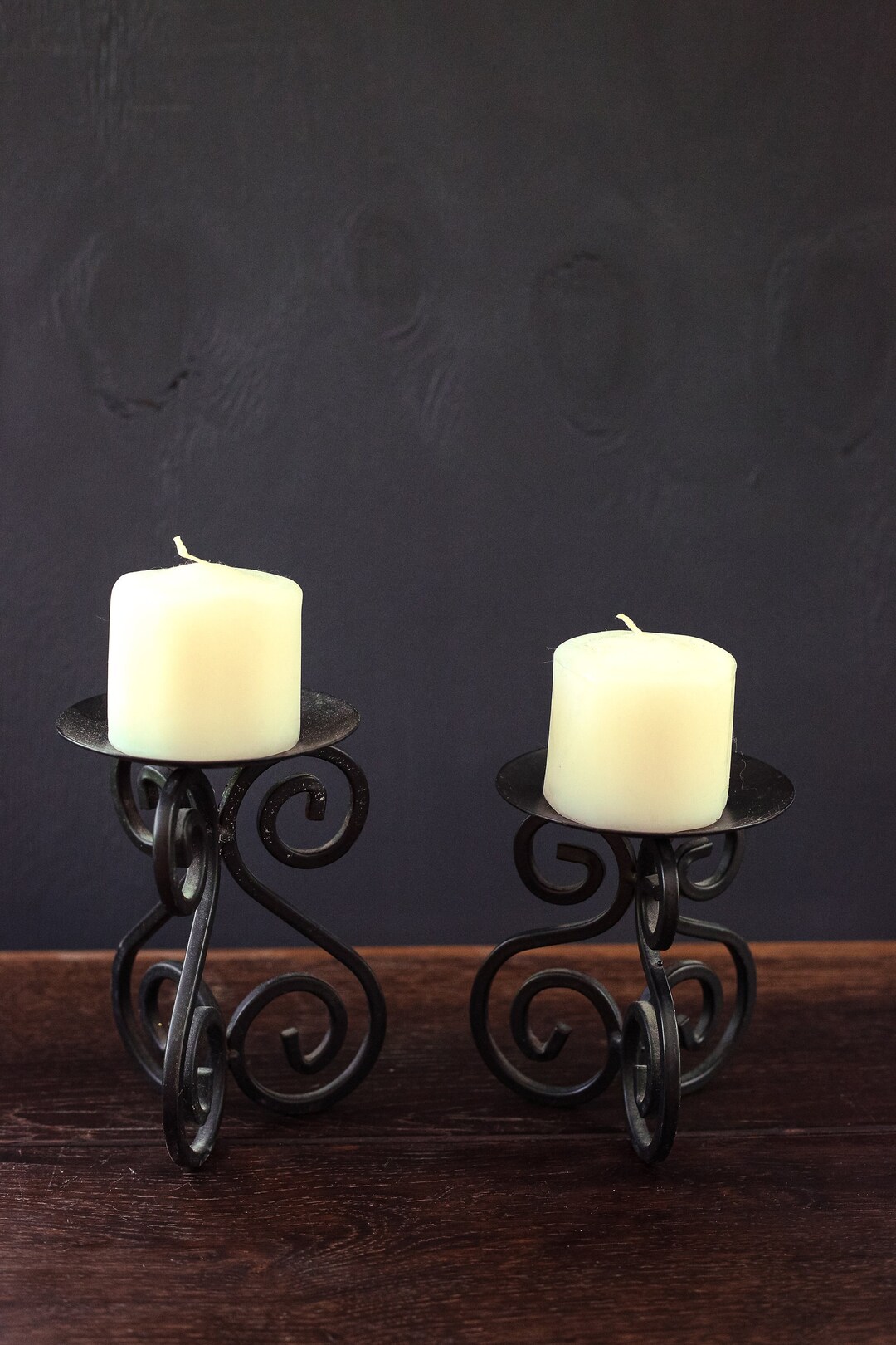 Pair of Black Metal Pillar Candle Bases Vintage Black Iron Scroll ...