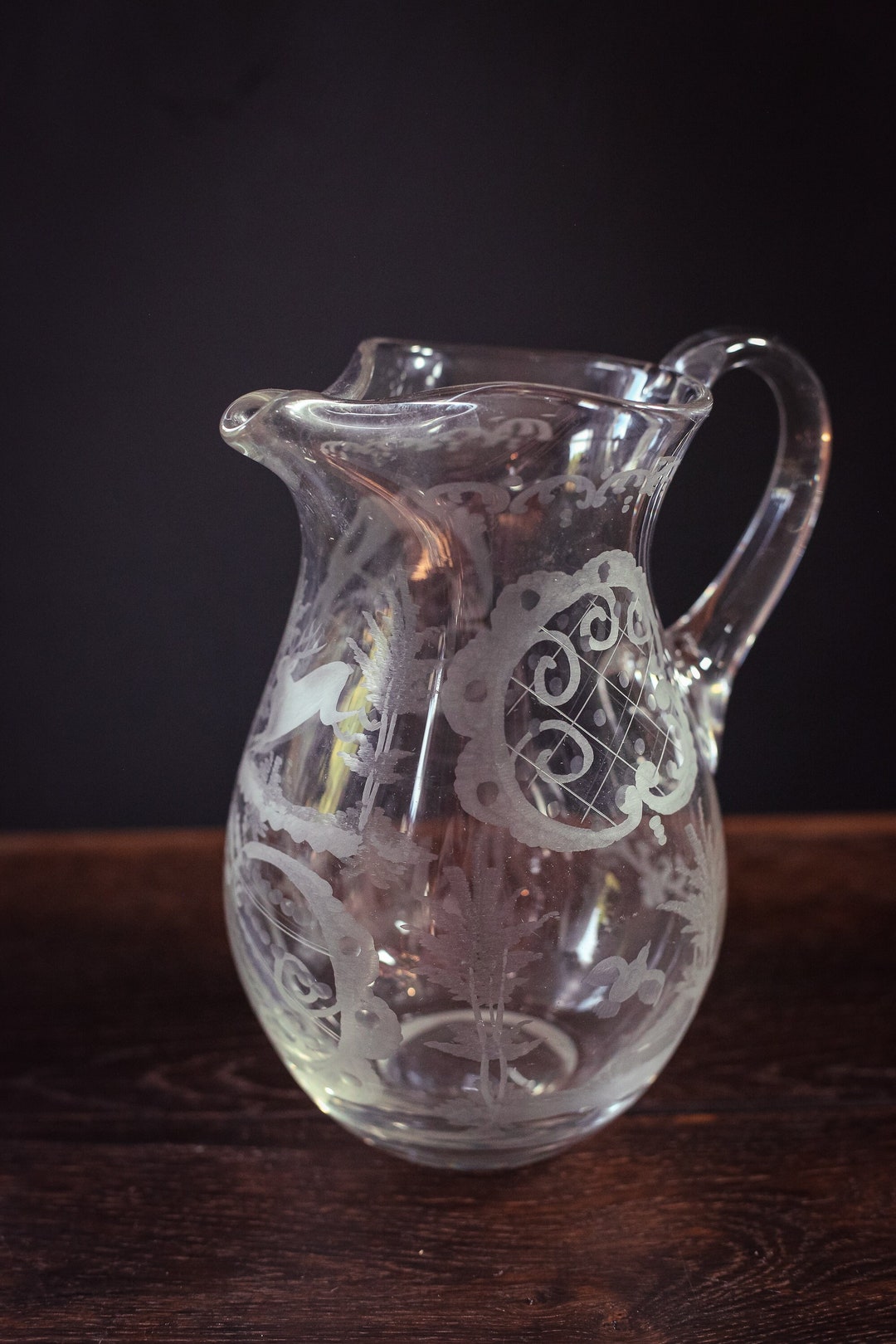 Etched Glass Pitcher With Reindeer - Vintage Cut Glass Crystal Water ...