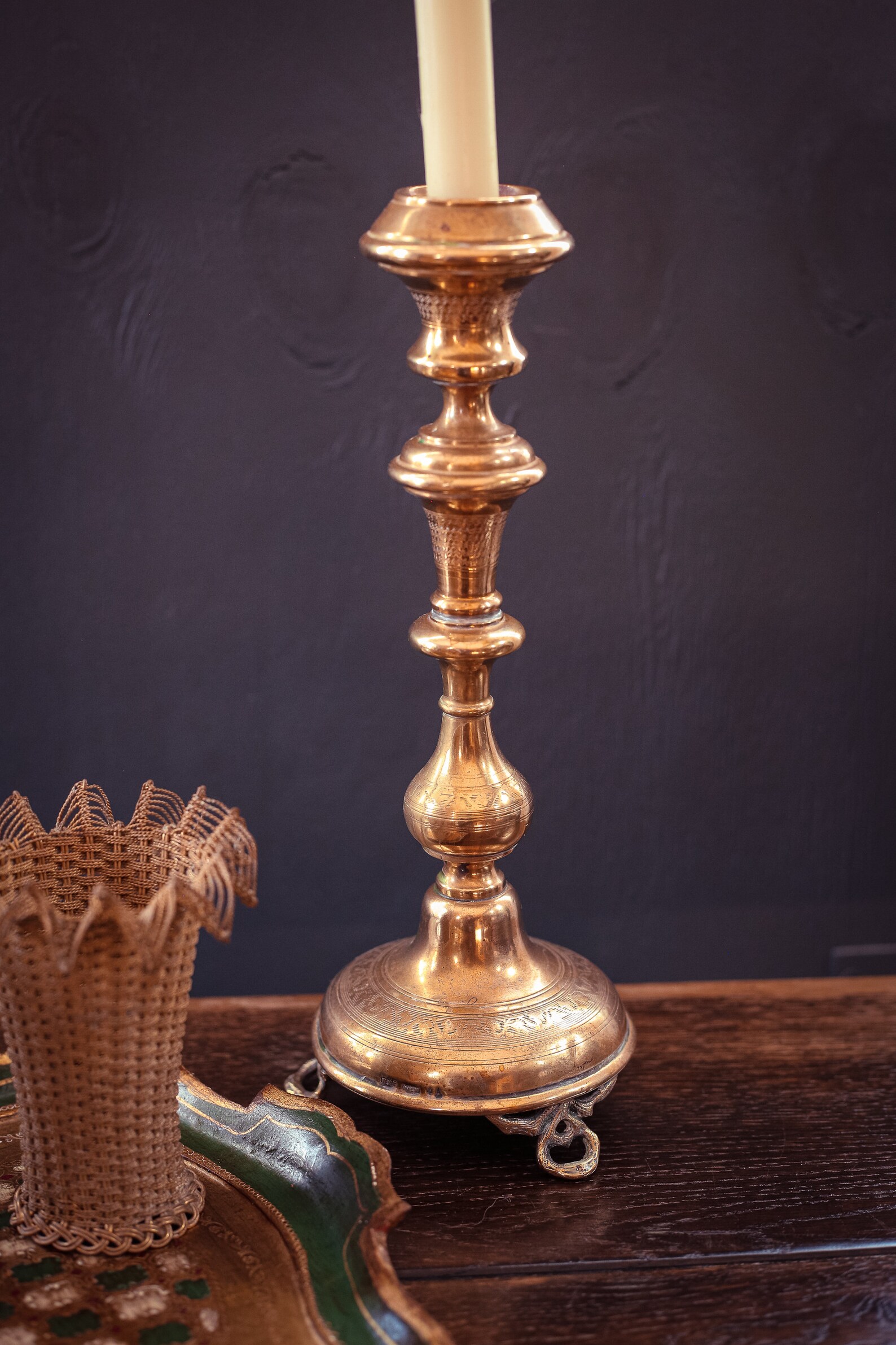 Tall Brass Engraved Candlestick Holder With Decorative Feet - Vintage ...
