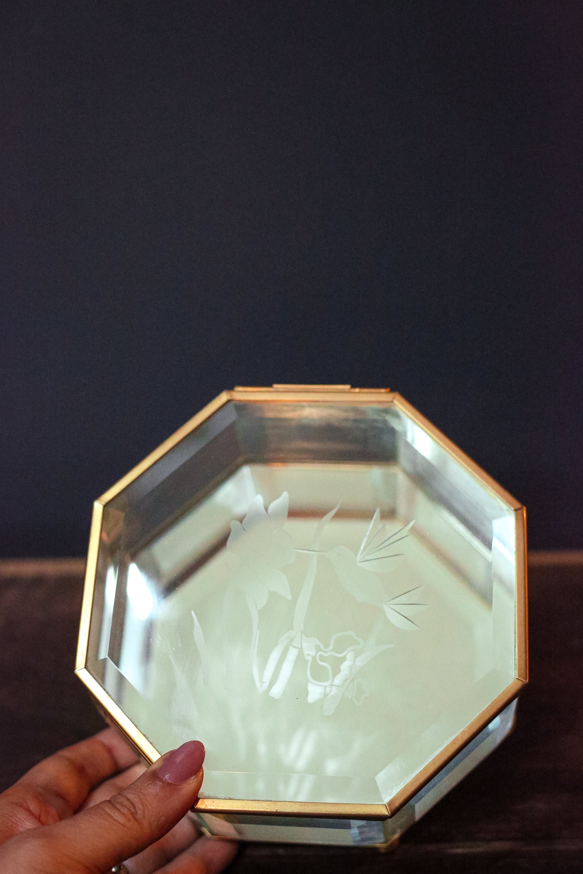 Etched Glass & Brass Octagon Mirrored Jewelry Box With | Etsy