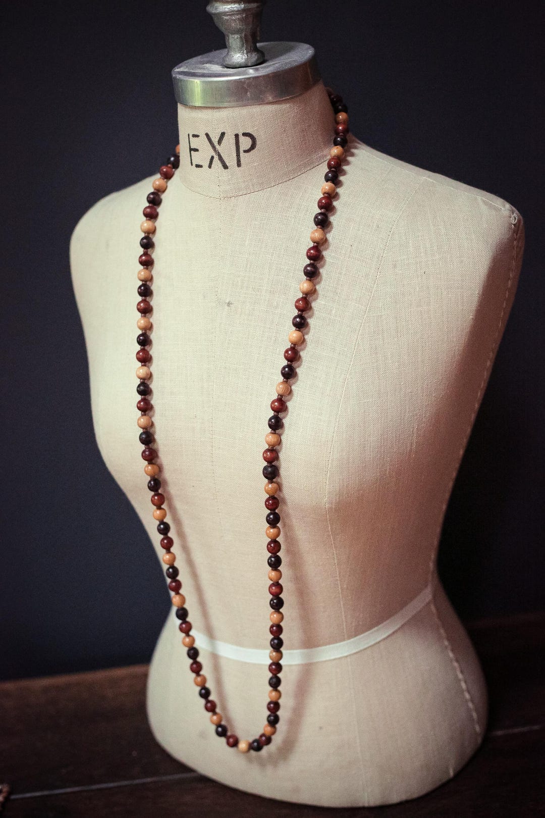 Tri-color Wooden Bead Necklace - Vintage Estate Jewelry 29" Beaded Wood ...