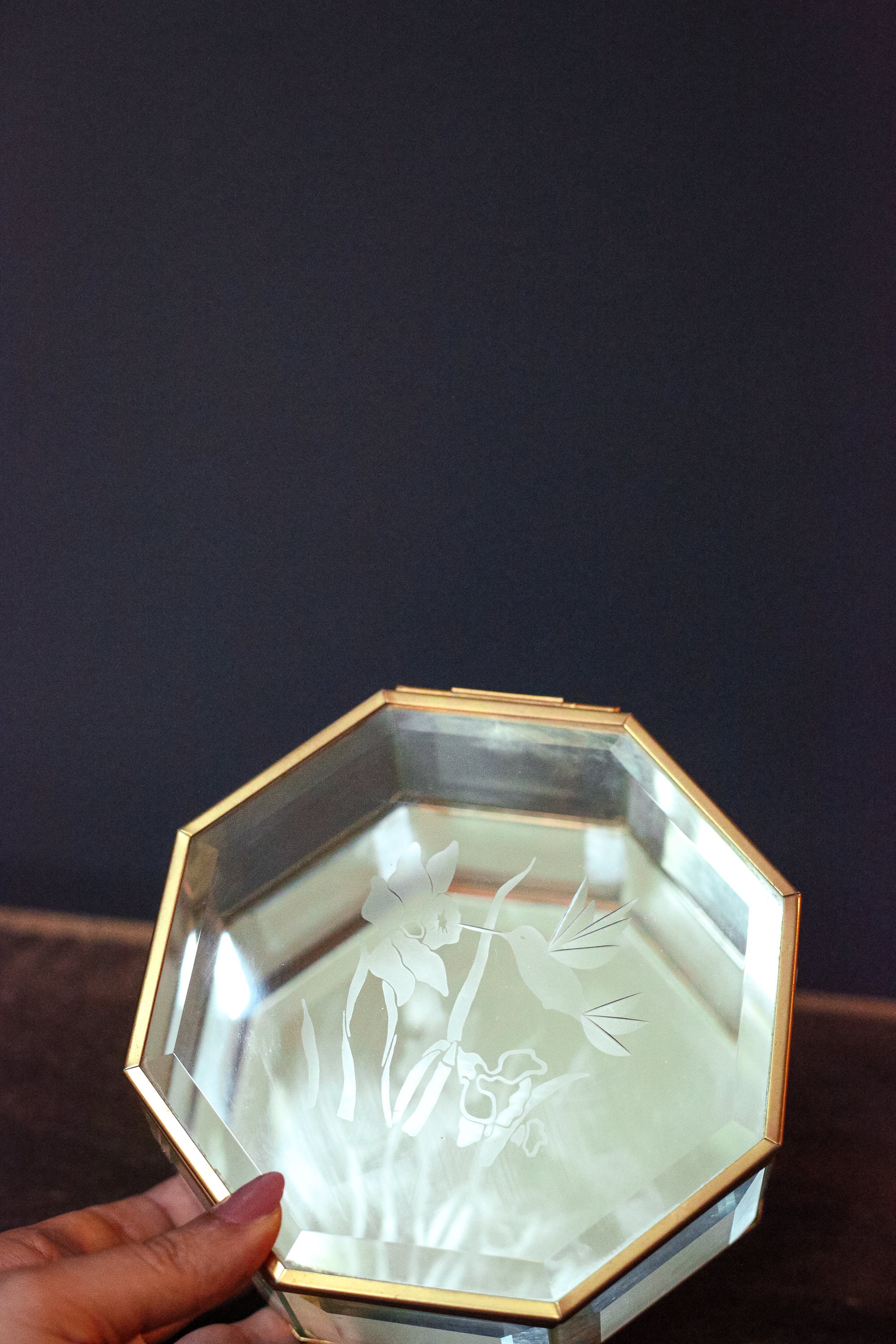 Etched Glass & Brass Octagon Mirrored Jewelry Box With | Etsy