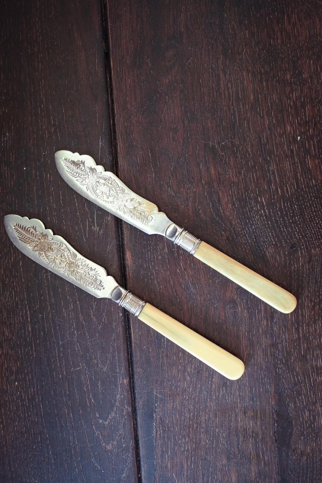 Engraved Sterling Silver Bone Handle Butter Knives - Pair of Antique ...