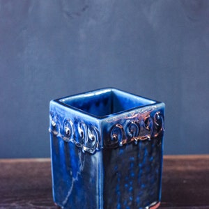 Deep Blue Glazed Square Planter Pot With Embossed Waves - Vintage ...
