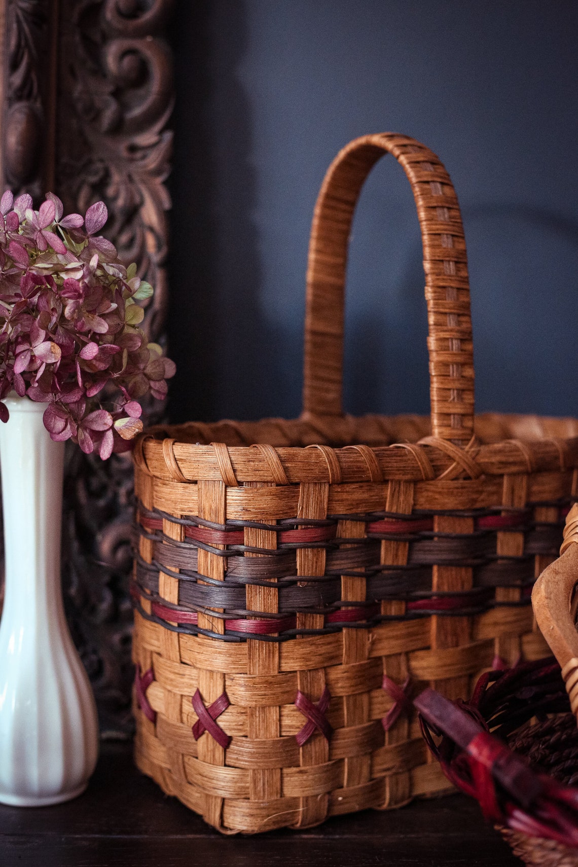 Narrow Rectangular Flat Bottom Dyed Splint Basket With Wood - Etsy