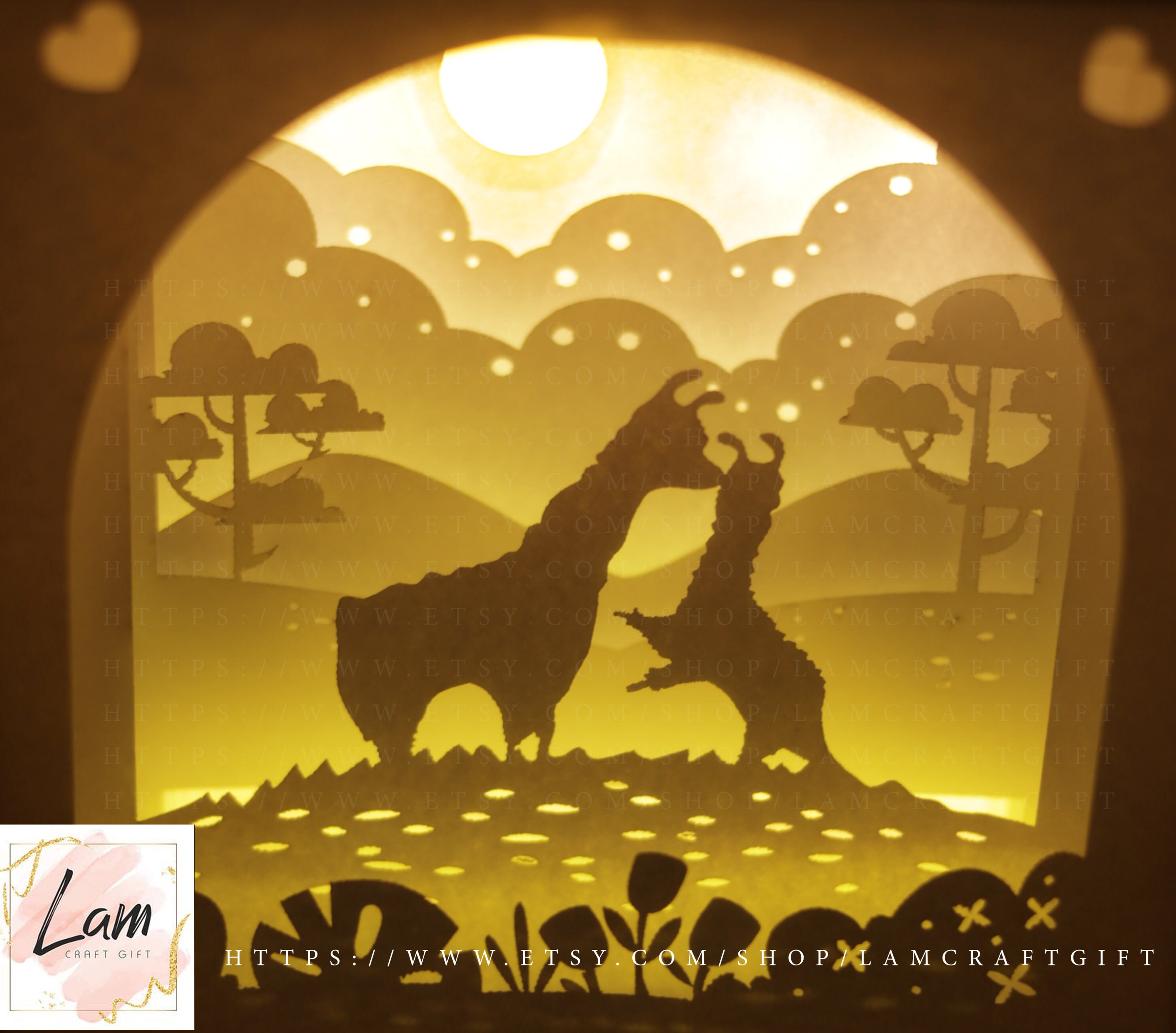 Alpaca Camelid Couple Love Paper Cut Lightbox Template, Night Light ...