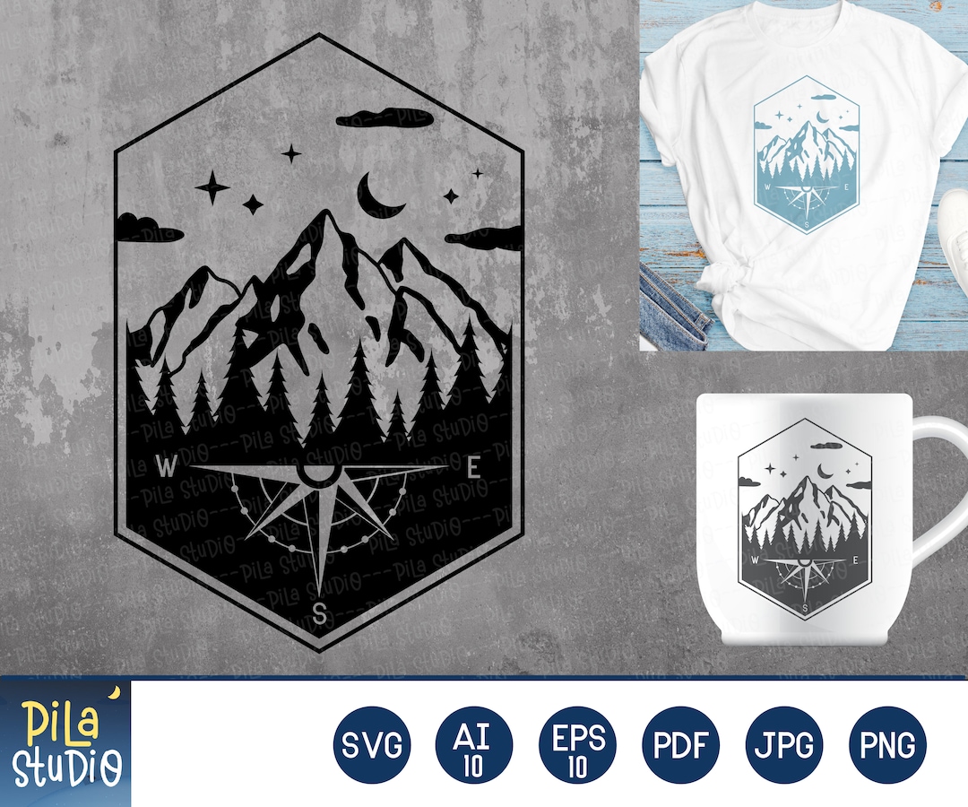 Mountains Trees Compass SVG File, Mountain Svg, Adventure SVG ...