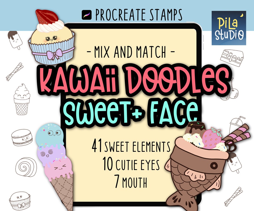 Procreate Brushes Stamps Kawaii Sweet & Cutie Face | 41 Doodle Elements ...