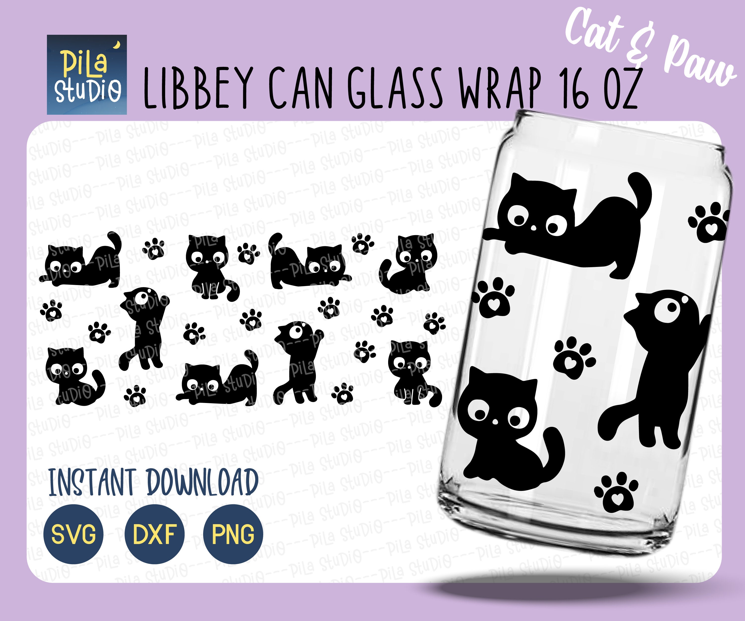 Cute Cat and Paw Can Glass Wrap Svg, Can Glass Full Wrap Libbey 16oz ...