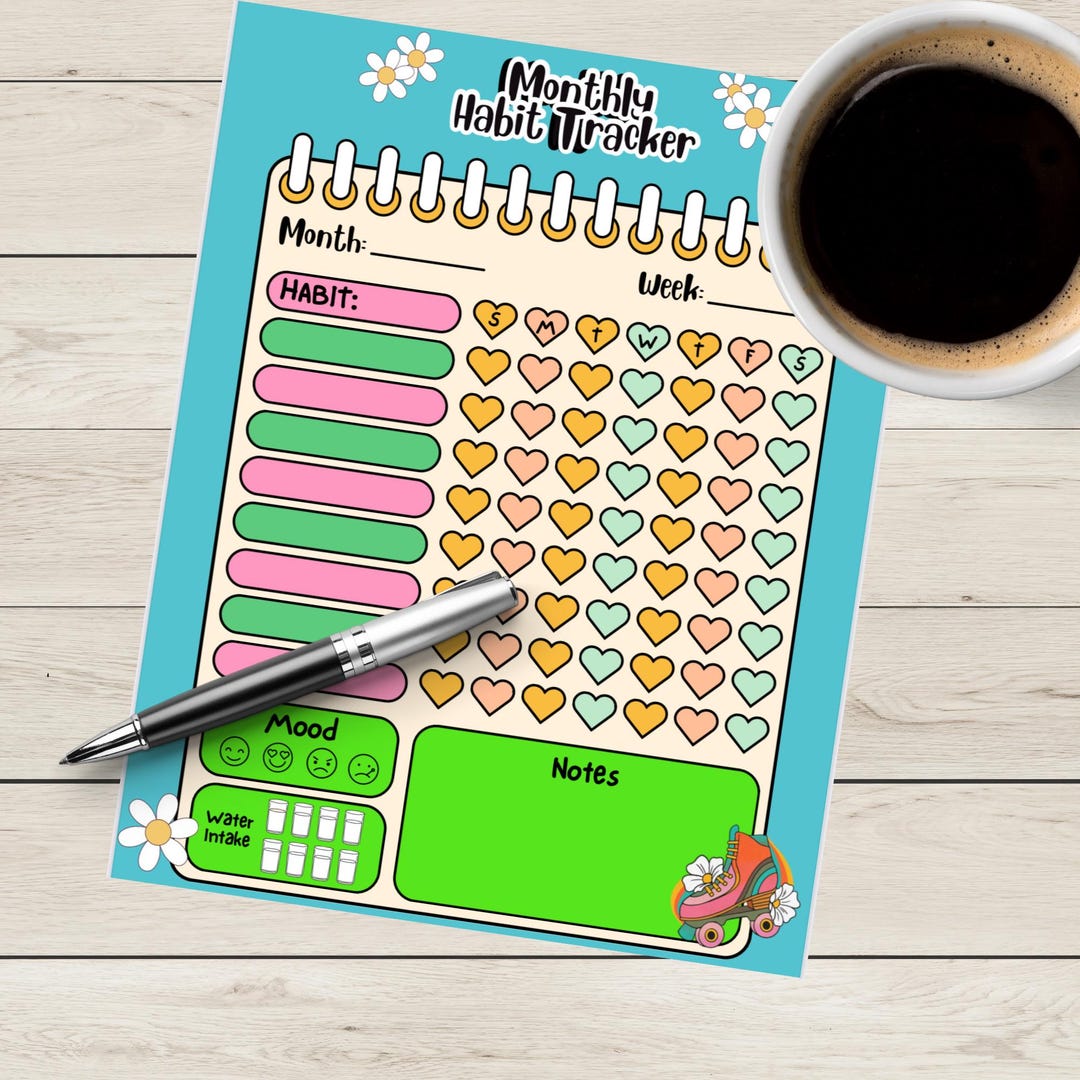 Monthly Habit Tracker Printable: Retro Roller-skate Theme (PDF) - Etsy