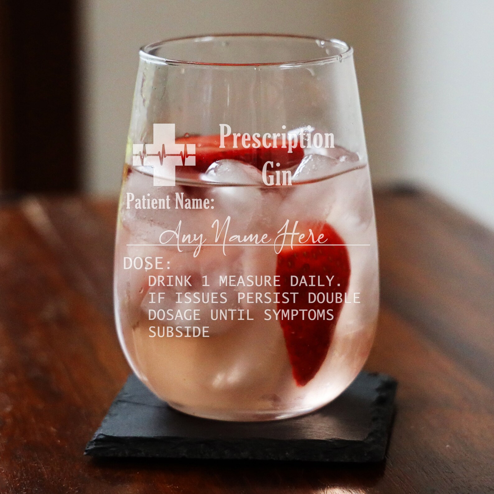 Personalised Engraved Stemless Gin Glass Novelty Etched Prescription ...