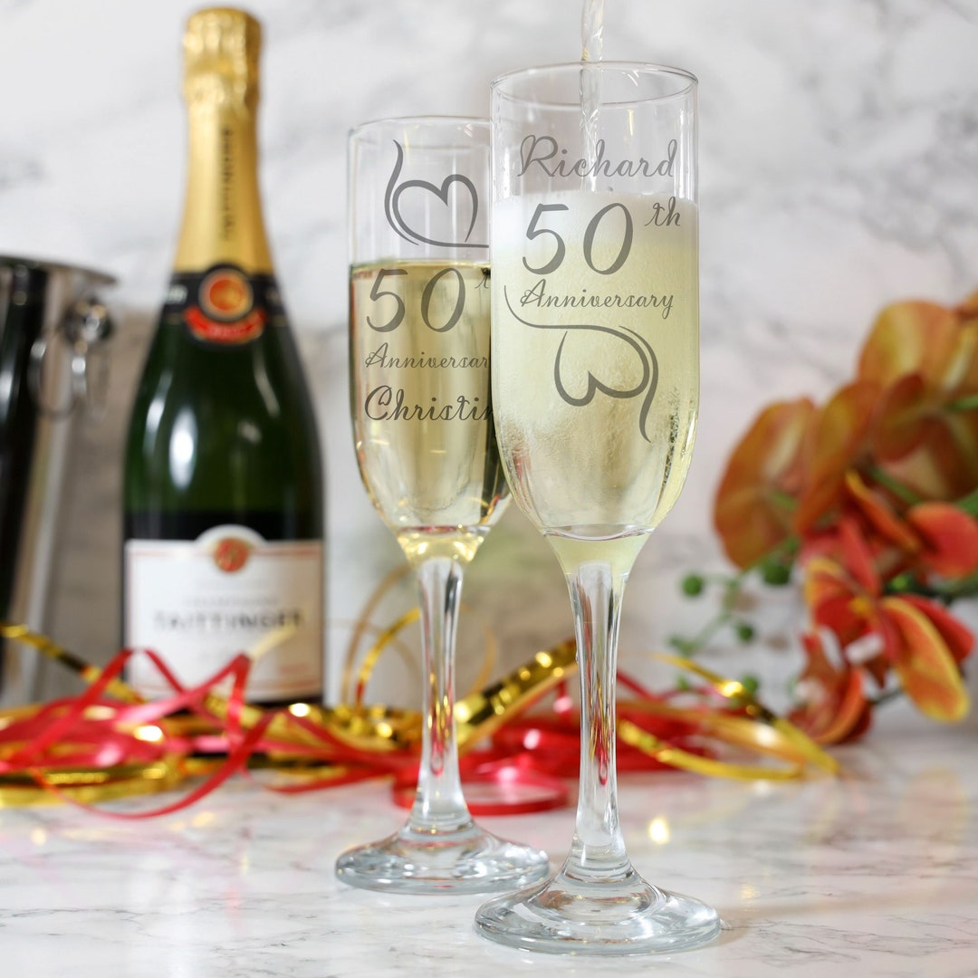 Engraved 50th Anniversary Champagne Glass Set | Personalised Golden ...
