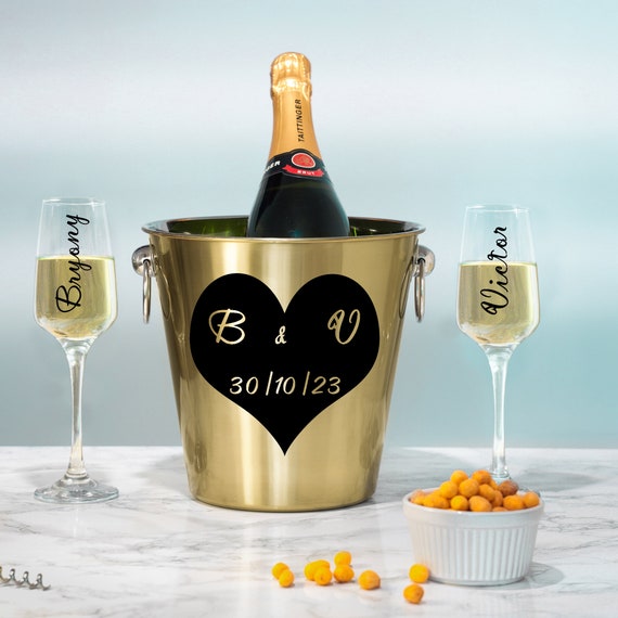Personalised Heart Design Gold Ice Bucket Optional Matching Champagne Glasses Name and Date Wedding Valentines Engagement Anniversary Gift Etsy UK