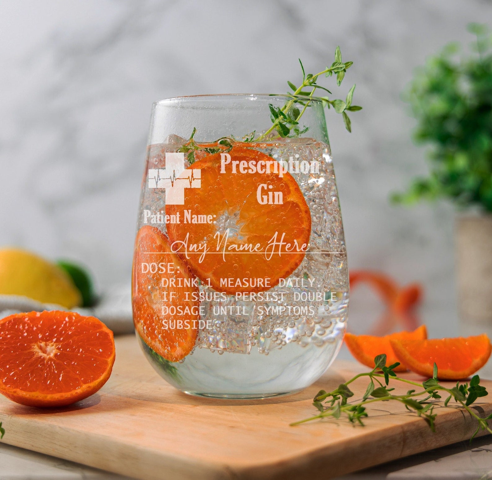 Personalised Engraved Stemless Gin Glass Novelty Etched Prescription ...