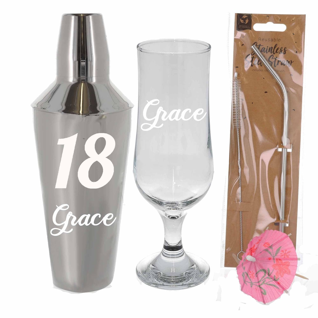 Personalised 18th Birthday Cocktail Shaker & Pina Colada Glass Gift Set ...