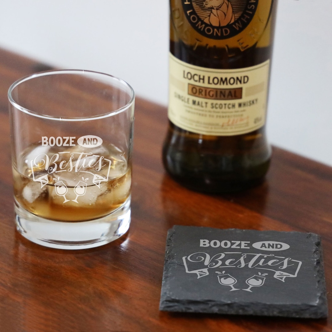 Booze and Besties Engraved Whisky Glass & Coaster Best Friend Gift ...