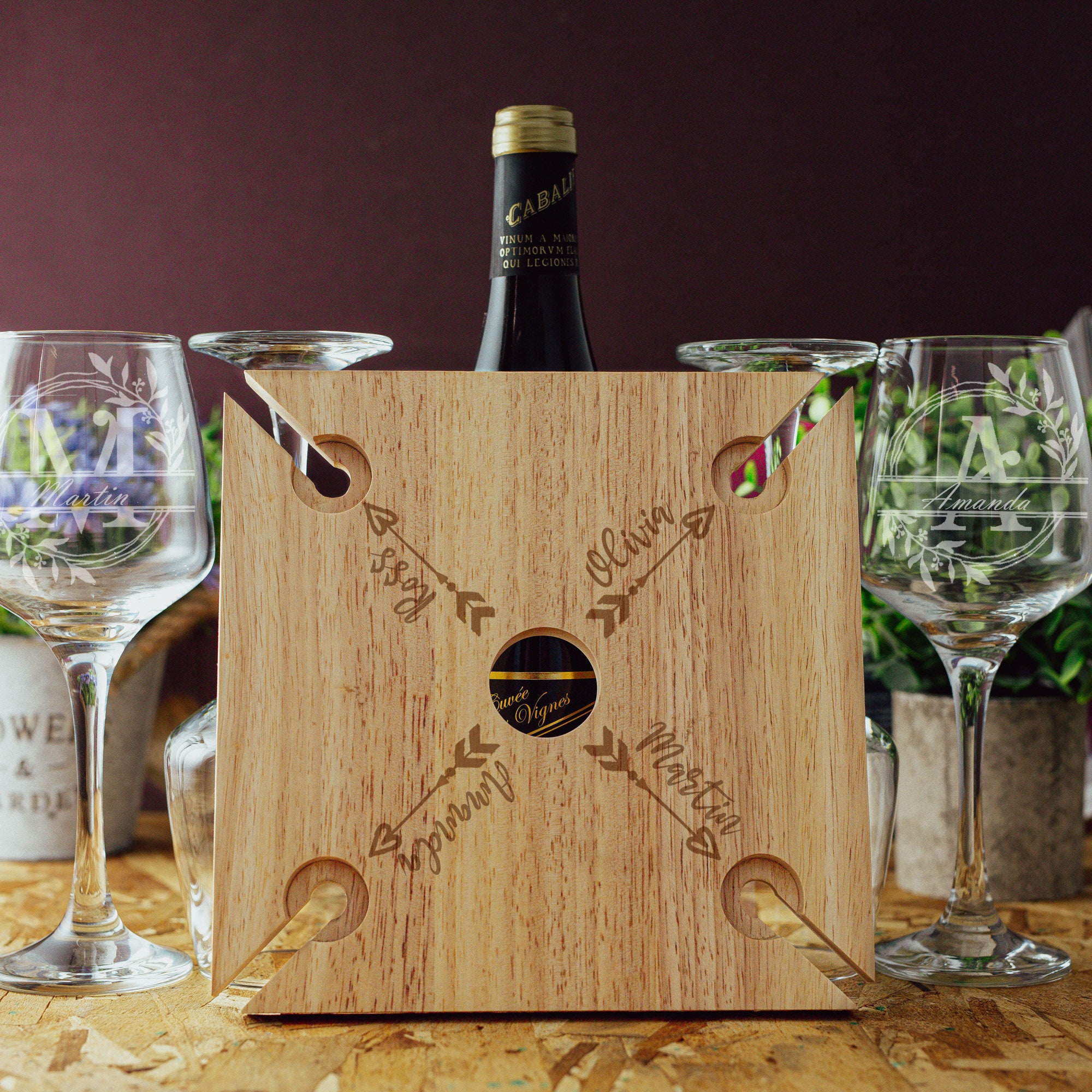 Personalised Wooden Wine Glass Butler Caddy | Engagement or Wedding ...