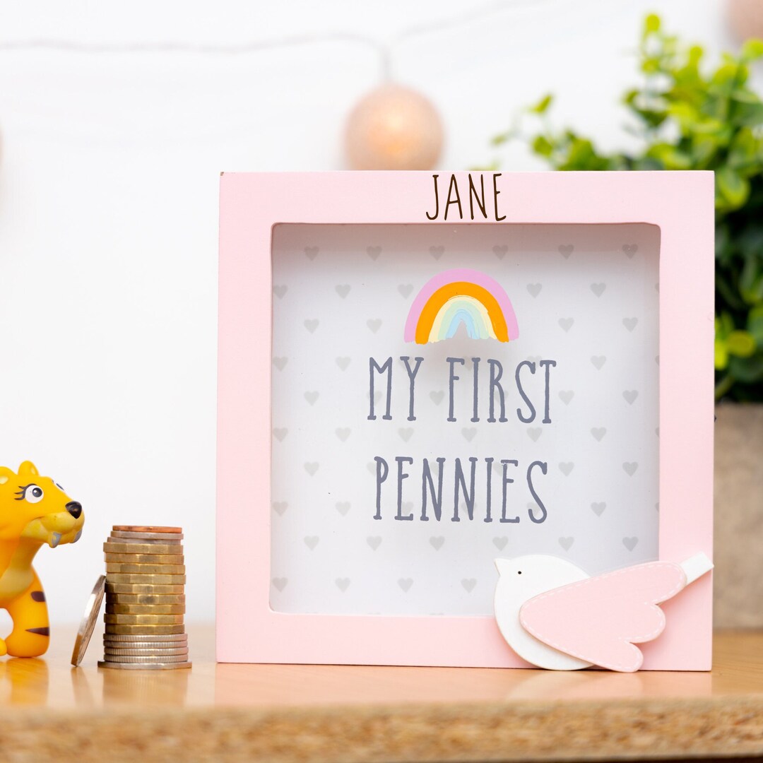 Personalised Engraved Money Box Frame My First Pennies - Pink Bird ...
