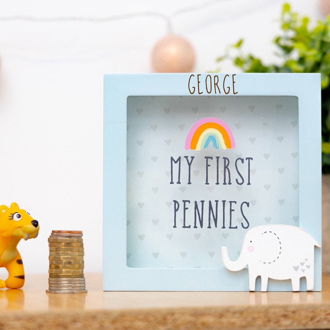 Personalised Engraved Money Box Frame My First Pennies - Blue Elephant ...